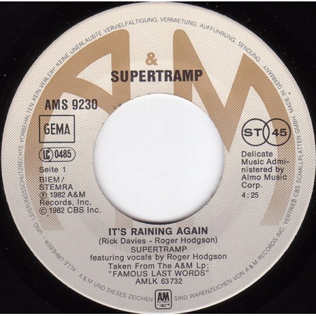 Supertramp ‎– It's Raining Again|1982 A&M Records ‎– AMS 9230-Single